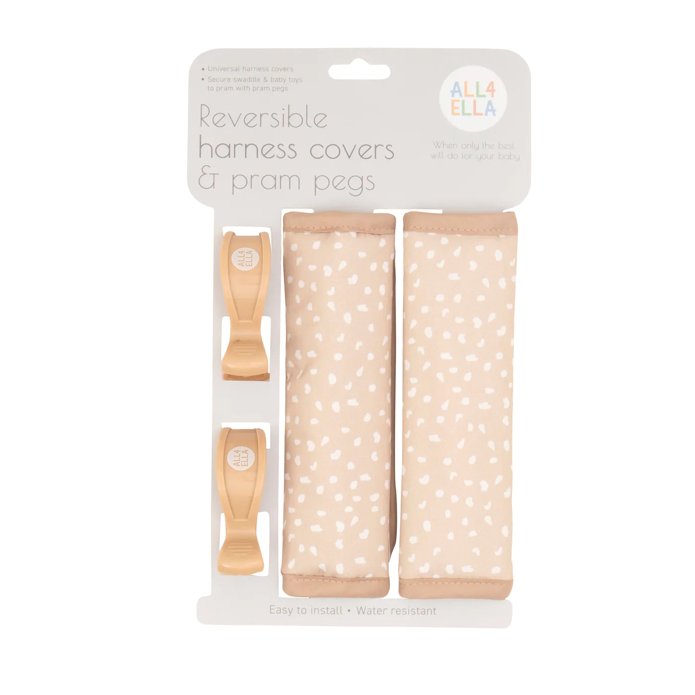 All 4 Ella - Reversible Harness Covers & Pram Pegs | Beige Dots